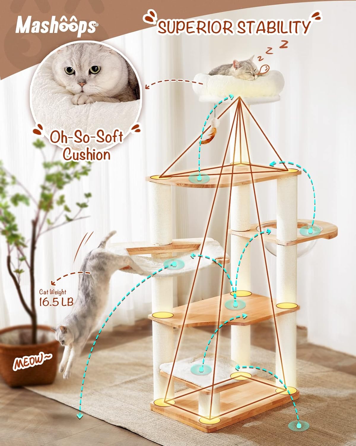 Wood Cat Tree for Indoor Cats with Cat Scratching - Mashoops Cat