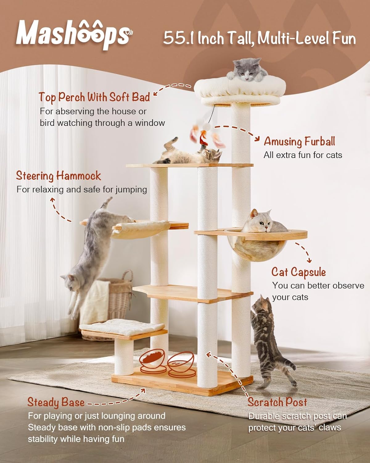 Wood Cat Tree for Indoor Cats with Cat Scratching - Mashoops Cat