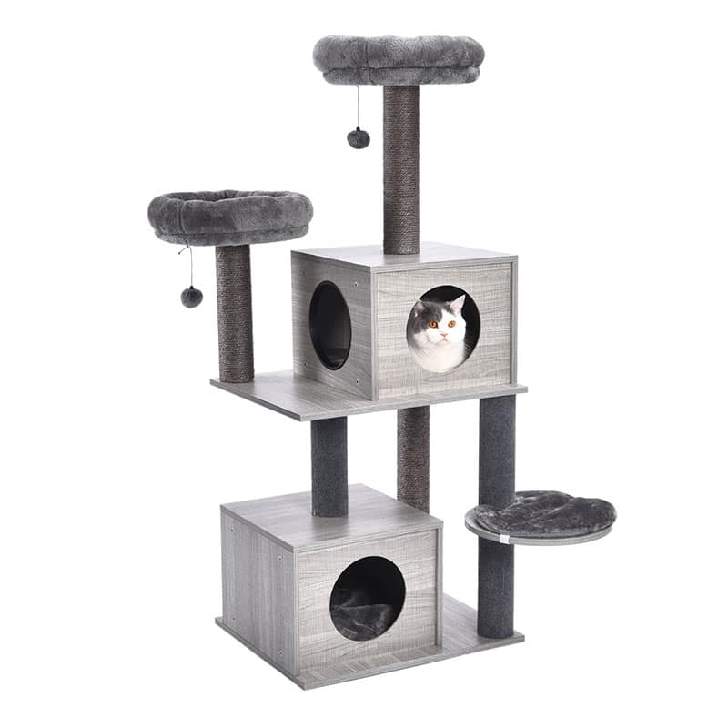 Wooden Cat Tower with Double Condos and Jumping Platform - Mashoops Cat