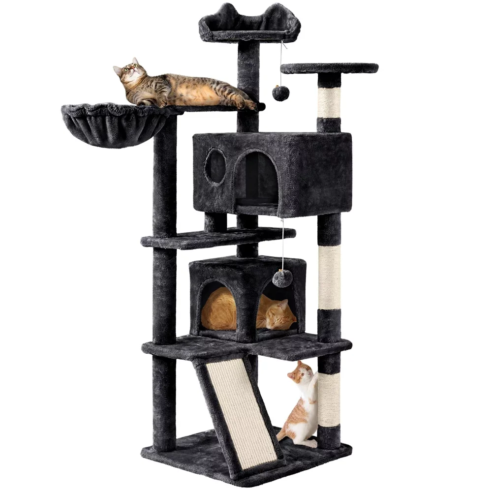 Large Black Cat Tree 57″H Cat Furniture with Double Condo & 3 Round ...
